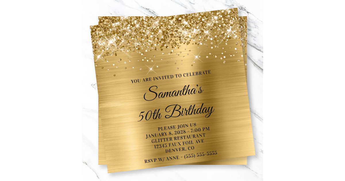 Glittery Gold Metallic Look 50th Birthday Invitation | Zazzle