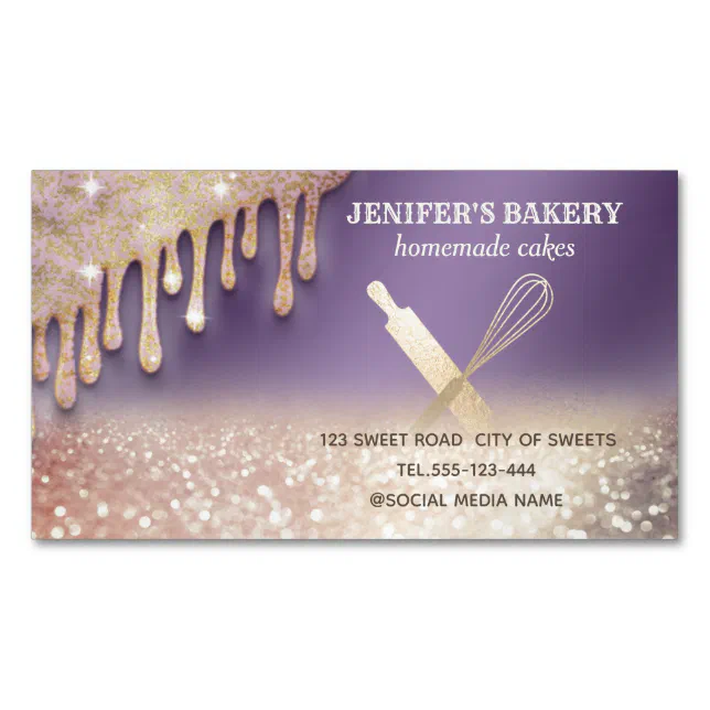 Glittery gold rolling pin whisk chef bakery Magnetic business card | Zazzle