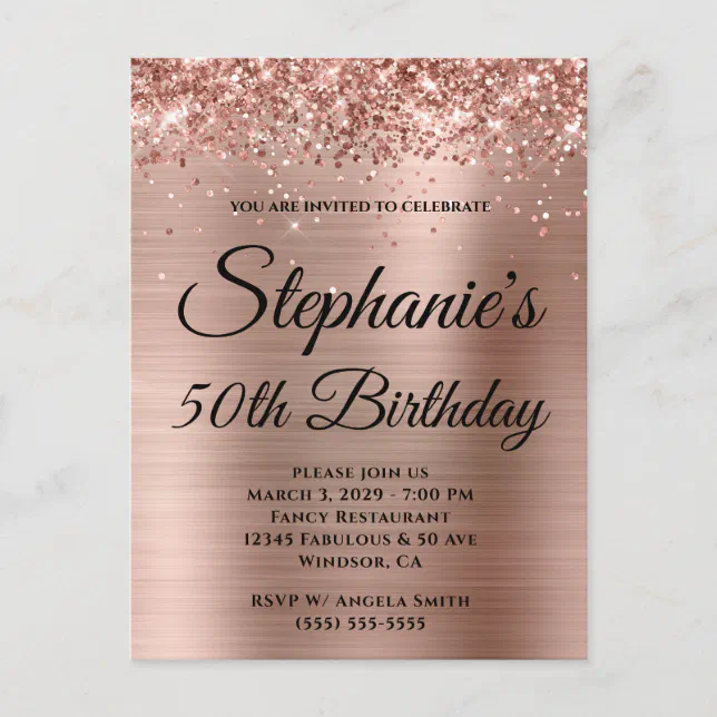 Glittery Rose Gold Fancy Monogram 50th Birthday Invitation Postcard ...