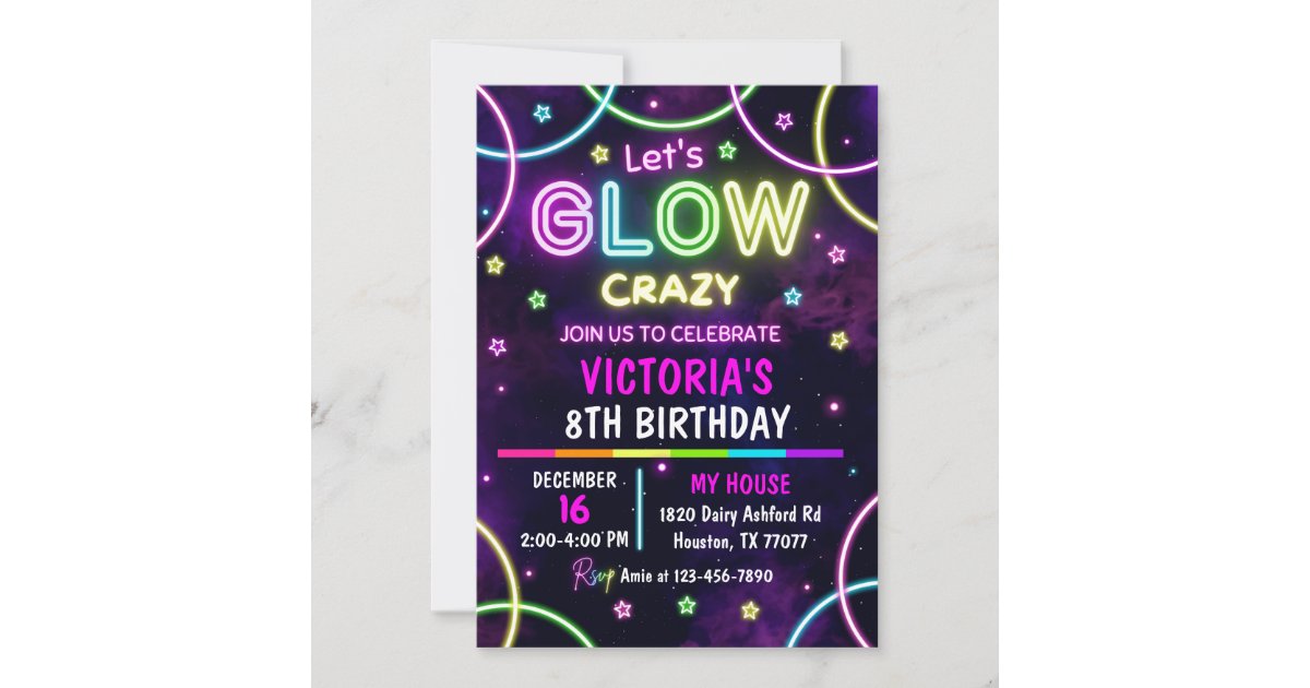 Glow Party Birthday Invitation, Neon Party Invitation | Zazzle