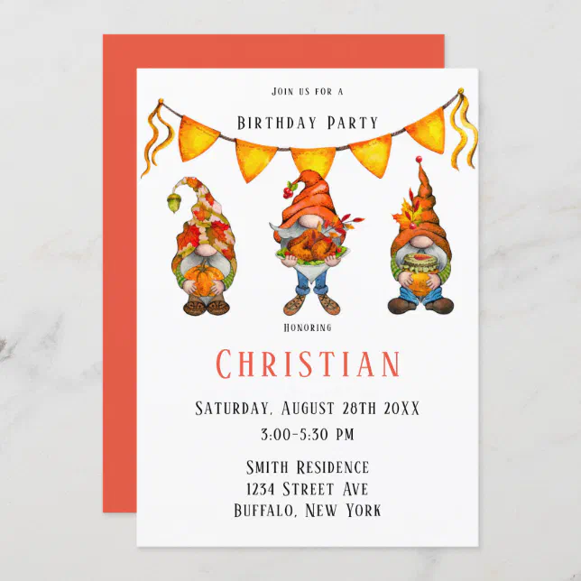 Gnome Thanksgiving Theme Birthday Party Invitation | Zazzle