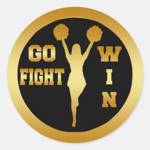 GO FIGHT WIN GOLD CHEERLEADER ROUND STICKERS | Zazzle