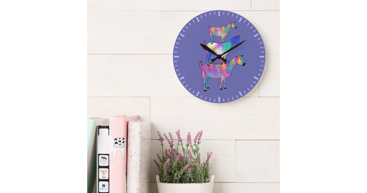 Goats colourful cute illustration large clock | Zazzle