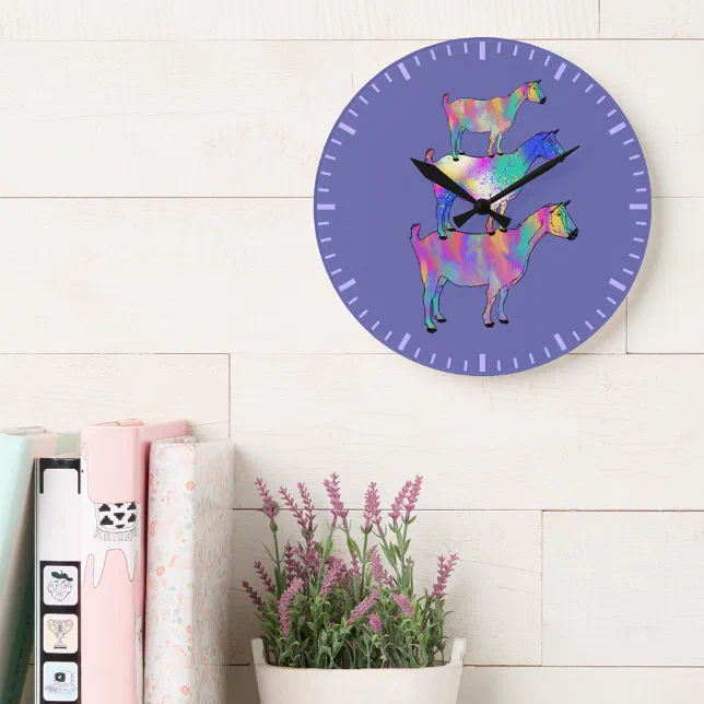 Goats colourful cute illustration large clock | Zazzle