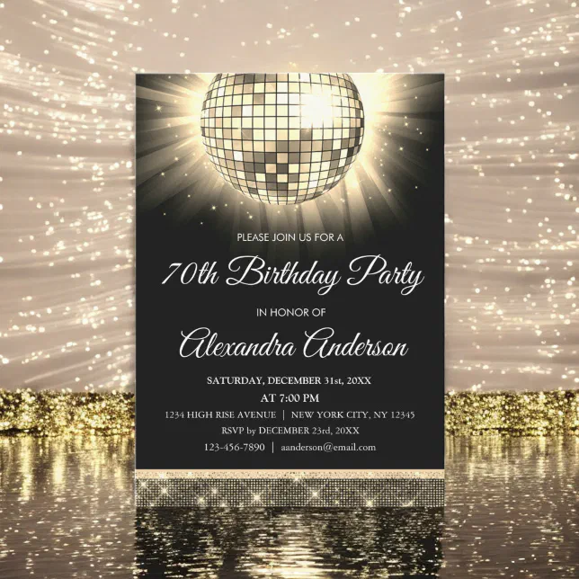 Gold 70th Birthday Party 70's Disco Ball Invitation | Zazzle