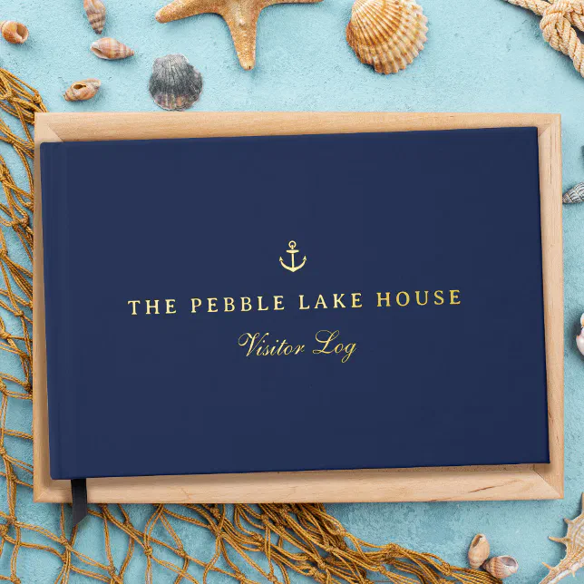 Gold Anchor Navy Blue Nautical Visitor Log Guest Book | Zazzle