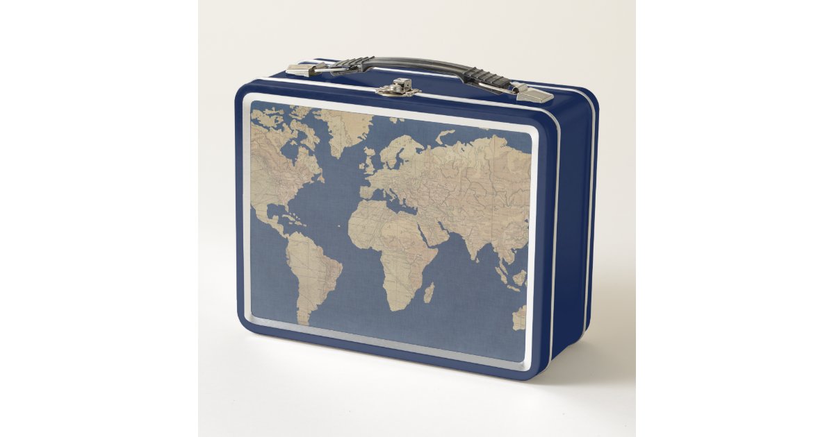 Gold and Blue World Map Metal Lunch Box | Zazzle