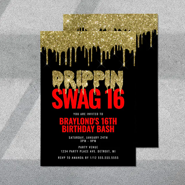 Gold and Red Drippin Swag 16 Birthday Invitation | Zazzle