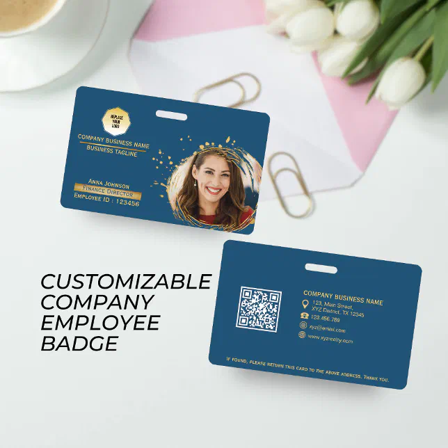 Gold & Blue Company Employee QR Code, Photo & Logo ID Badge | Zazzle