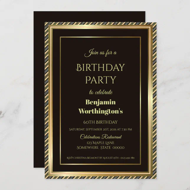 Gold Border Black 60th Birthday Invitation | Zazzle