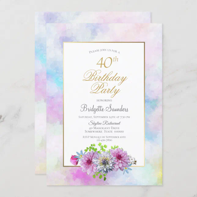 Gold Border Pink Floral 40th Birthday Party Invitation | Zazzle
