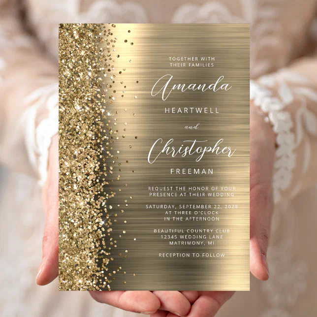 Gold Brushed Metal Glitter Script Wedding Invitation | Zazzle