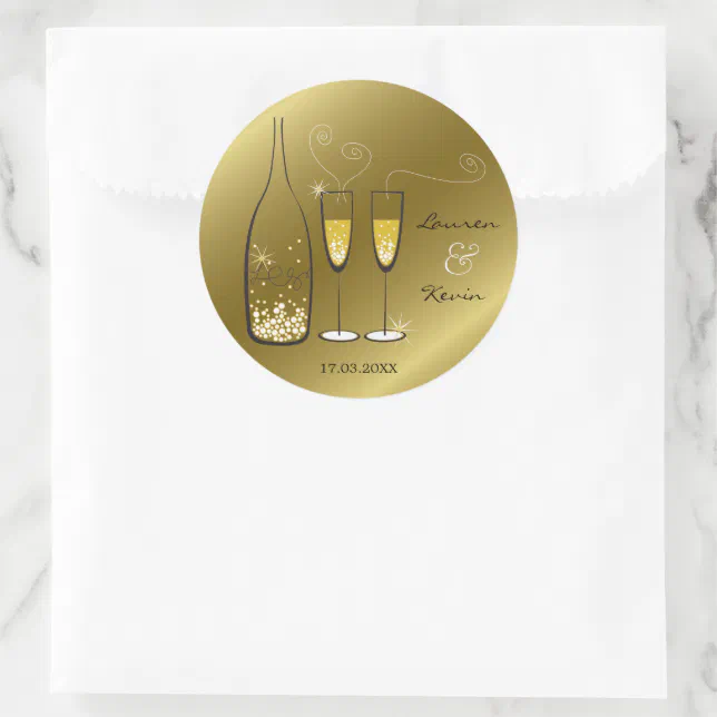 Gold Bubbly Champagne Cheers Stylish Wedding Party Classic Round ...