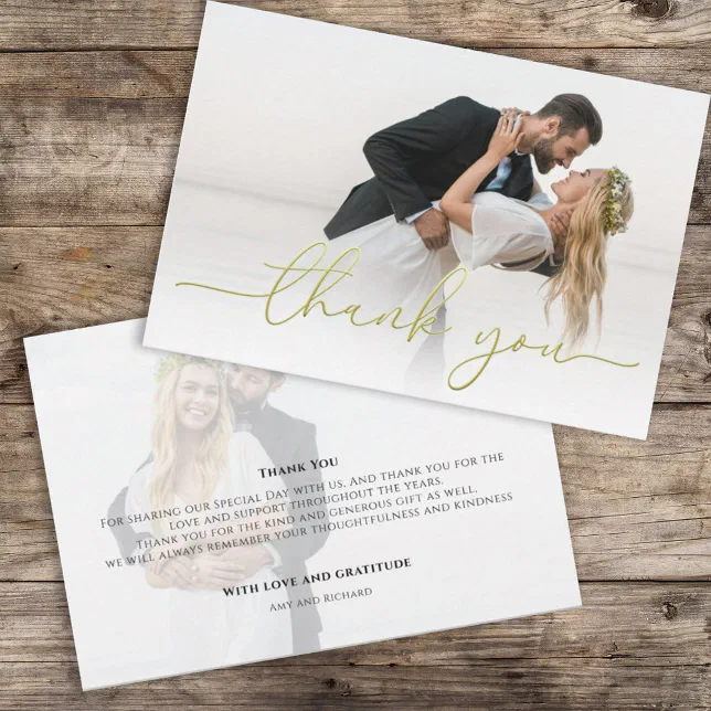 Gold Calligraphy Script Love and Gratitude Photo Thank You Card | Zazzle