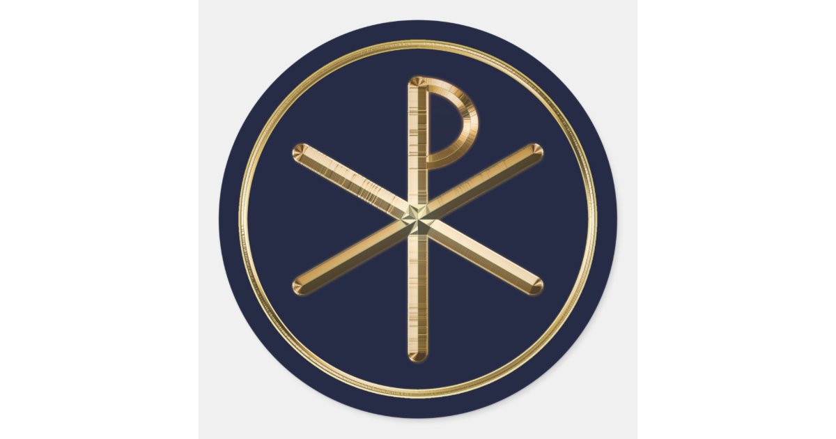 Gold Chi-Rho symbol on dark blue Classic Round Sticker | Zazzle