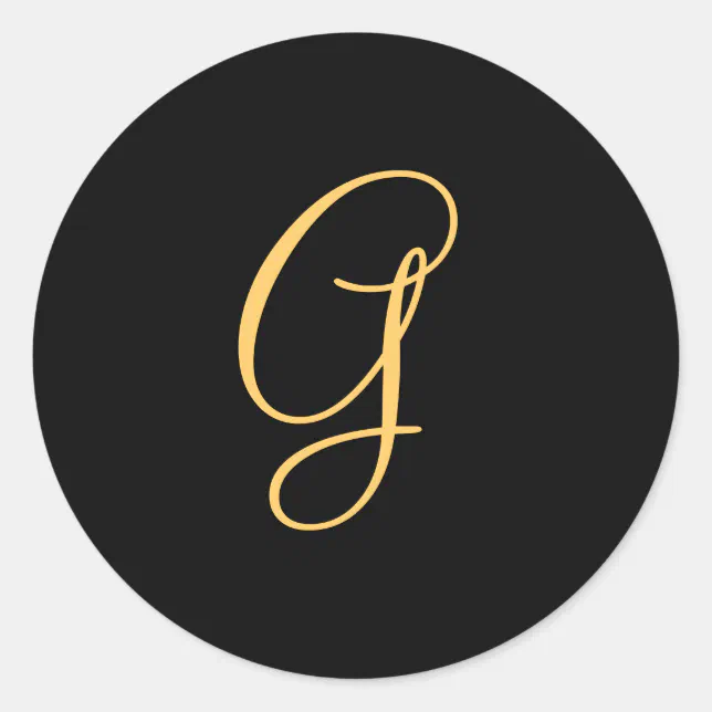 Gold-coloured initial G on black monogram round Classic Round Sticker ...