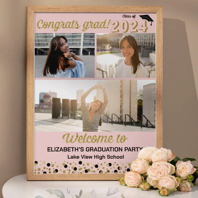 Gold Congrats Grad 3 photo collage Welcome Sign | Zazzle