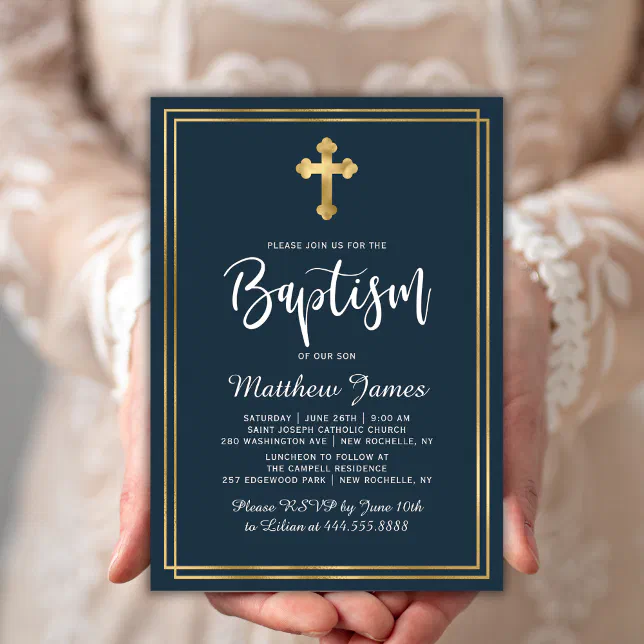 Gold Cross Modern Script Navy Blue Boy Baptism Invitation | Zazzle