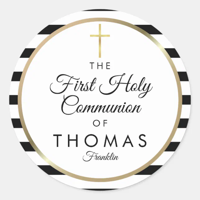 Gold Cross Stripe First Holy Communion Classic Round Sticker | Zazzle