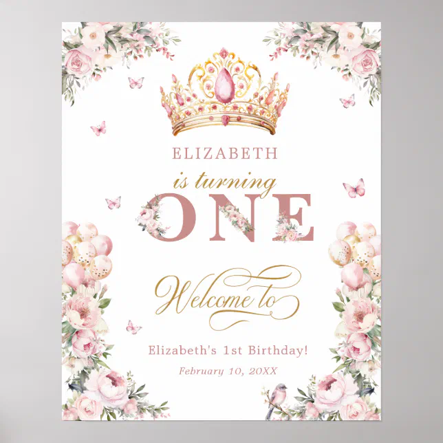 Gold Crown Princess Girl 1st Birthday Welcome Poster | Zazzle