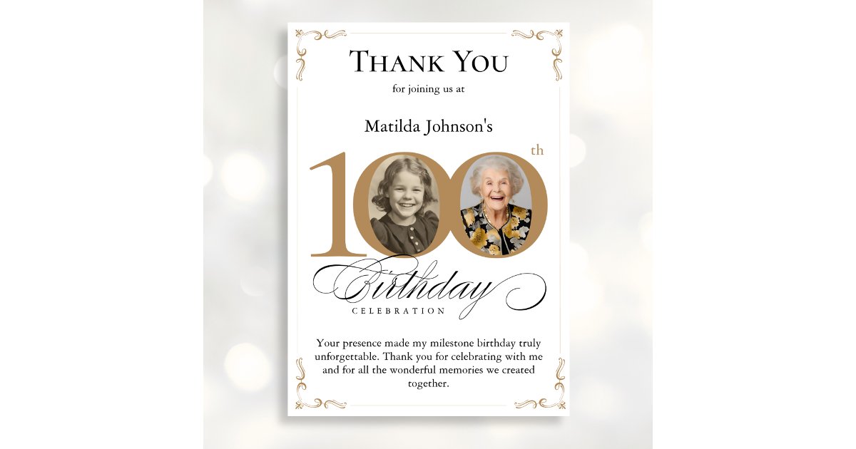 Gold Custom Photo 100th Birthday Thank You Card | Zazzle