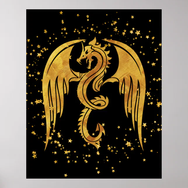 Gold Dragon In The Stars Poster on Black Backdrop | Zazzle