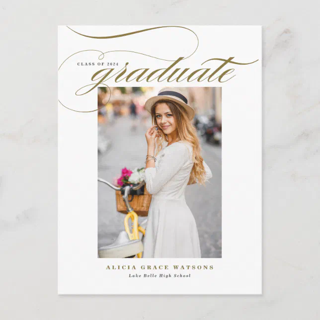 Gold Elegant Calligraphy Photo Graduation Announcement Postcard | Zazzle