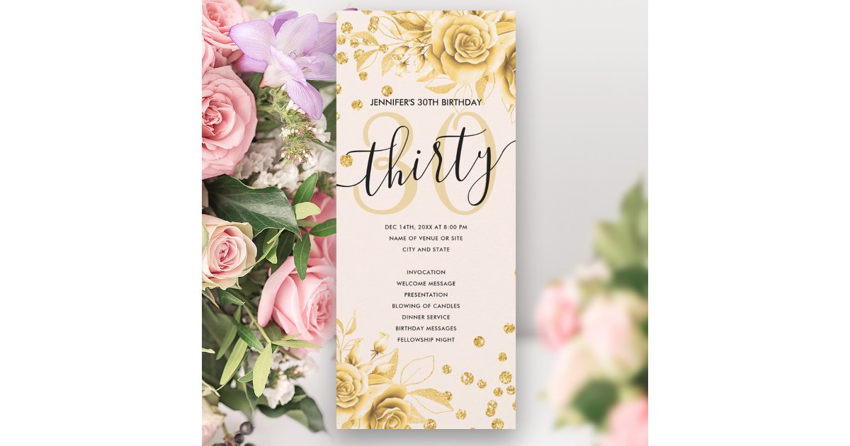 Gold Floral Glitter 30th Birthday Programs Invitation | Zazzle