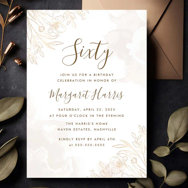 Gold Floral Leaves Border 60th Sixty Birthday Invitation | Zazzle