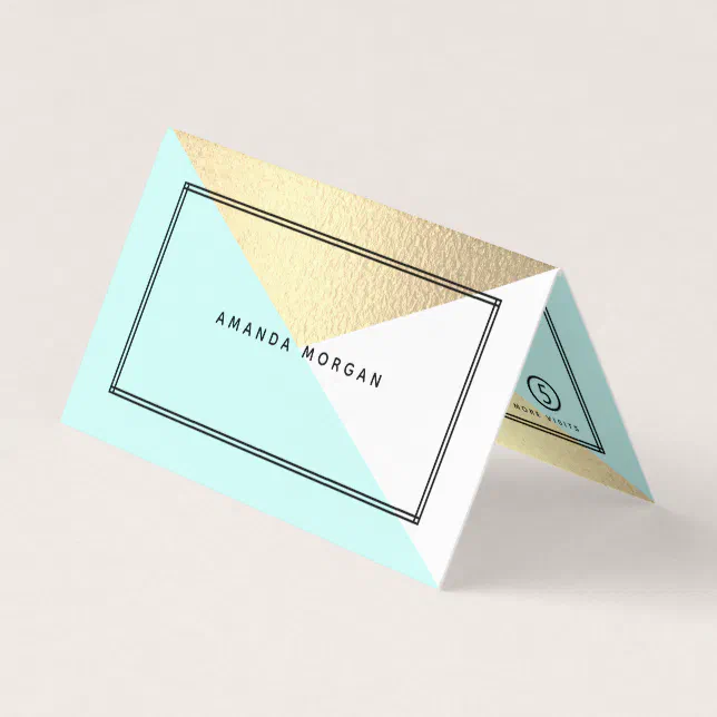 Gold Foil Effect & Aqua Geometric Double Loyalty Business Card | Zazzle