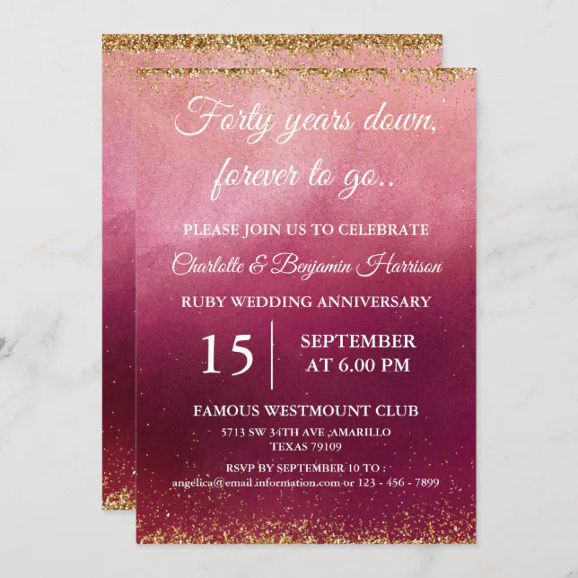 Gold Glitter 40th Ruby Wedding Anniversary Invitation | Zazzle