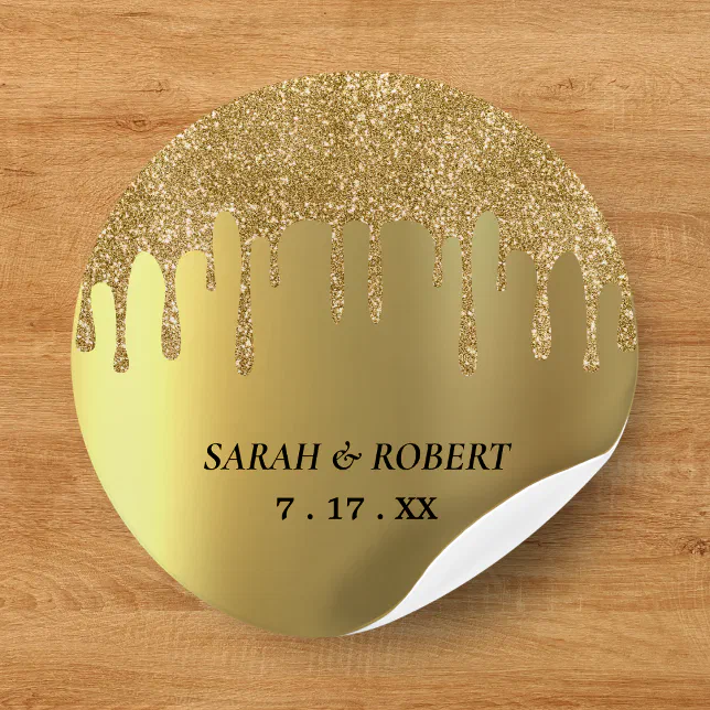Gold Glitter Drip Wedding Classic Round Sticker | Zazzle