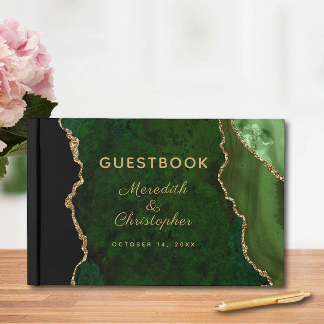 Gold Glitter Emerald Green Agate Wedding Guest Book | Zazzle