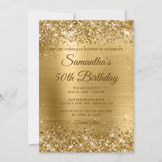 Gold Glitter Foil Golden Brown Text 50th Birthday Invitation | Zazzle