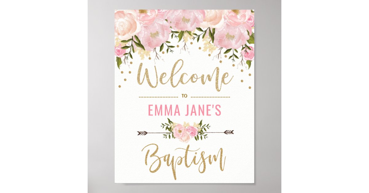 Gold Glitter Pink Floral Baptism Welcome Sign | Zazzle