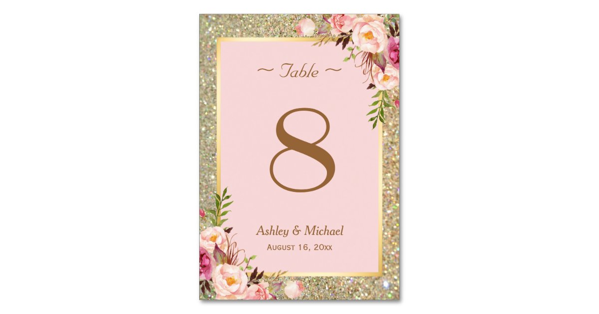 Gold Glitter Pink Floral Wedding Table Number | Zazzle