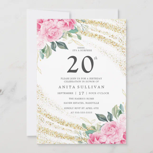 Gold Glitter Pink Rose Twenty 20th Birthday Invitation | Zazzle