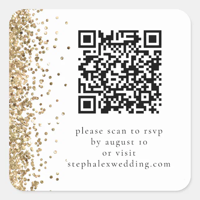 Gold Glitter QR code to RSVP Wedding Square Sticker | Zazzle
