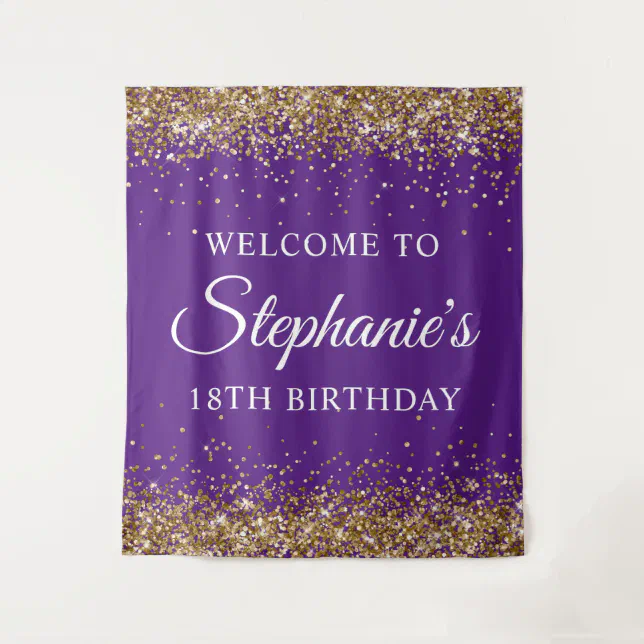 Gold Glitter Royal Purple 18th Birthday Welcome Tapestry | Zazzle