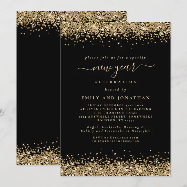 Gold Glitter Script Black New Years Eve Party Invitation | Zazzle