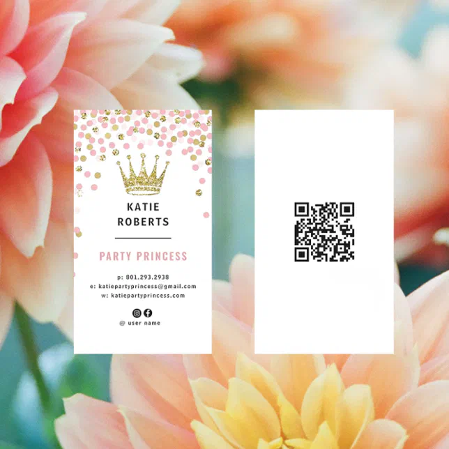 Gold Glitter Tiara Pink Dots Chic Party Princess Business Card | Zazzle