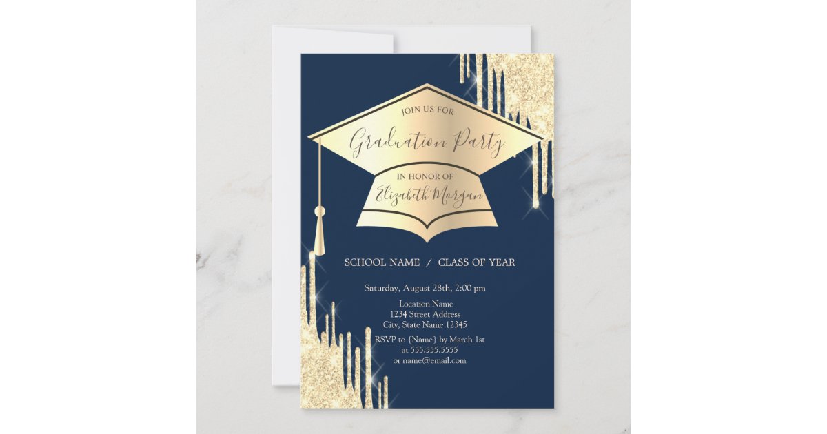 Gold Grad Cap,Glitter Drips Navy Blue Graduation Invitation | Zazzle