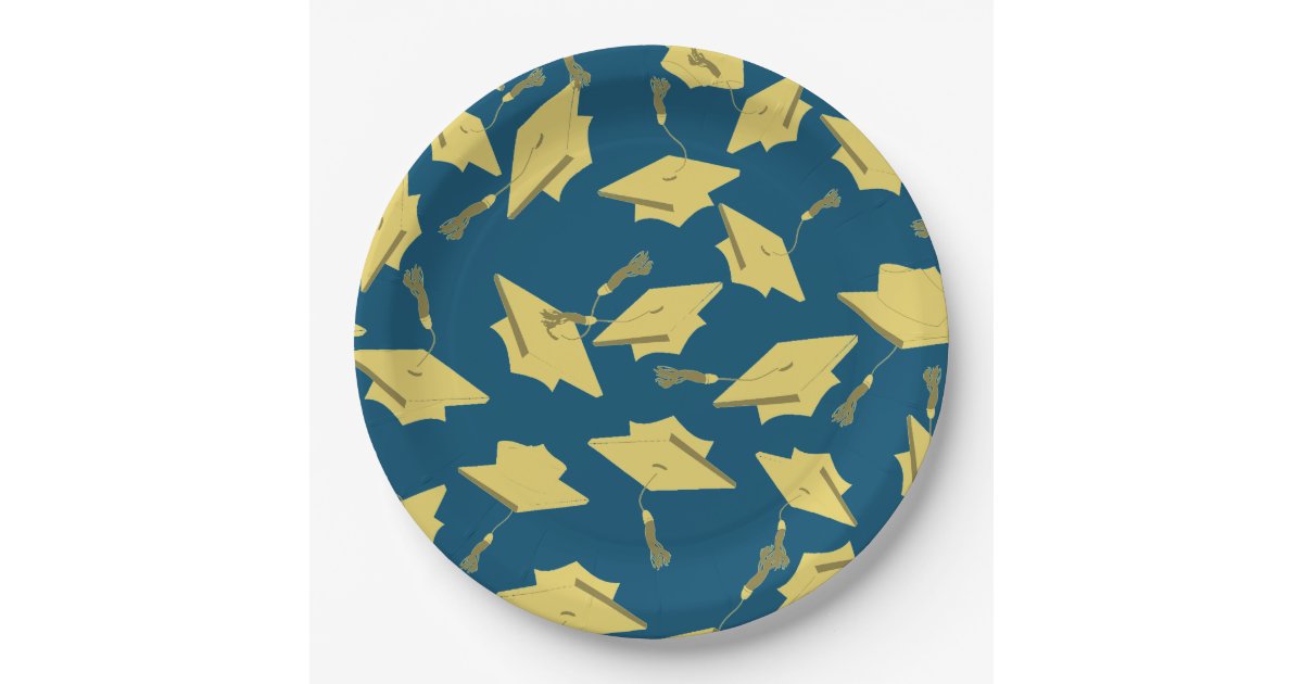 Gold Graduation Caps in the Air on Blue Fun Party Paper Plate | Zazzle