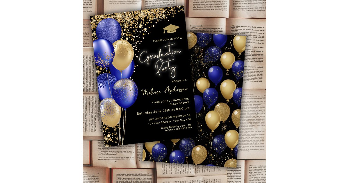 Gold Graduation Party Navy Blue balloons Invitation | Zazzle