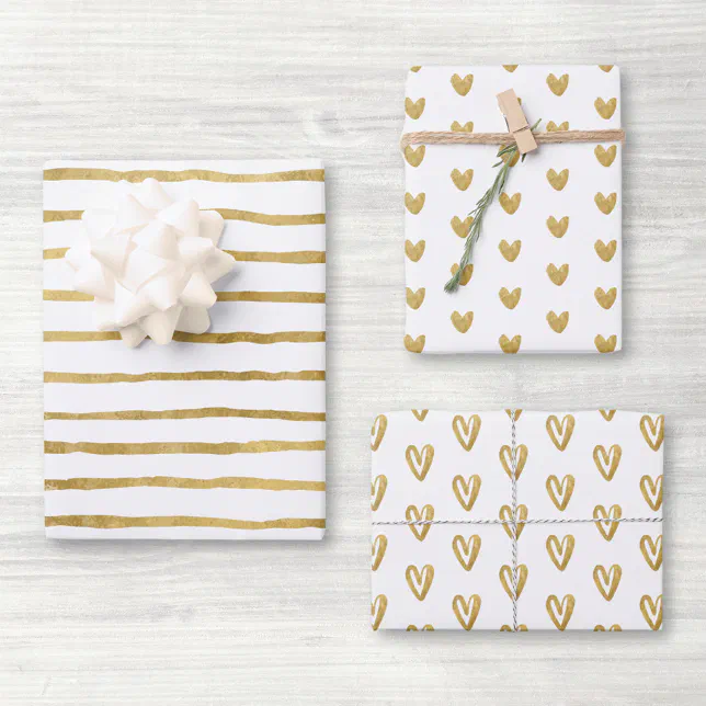 Gold Hearts and Lines Wrapping Paper Sheet | Zazzle