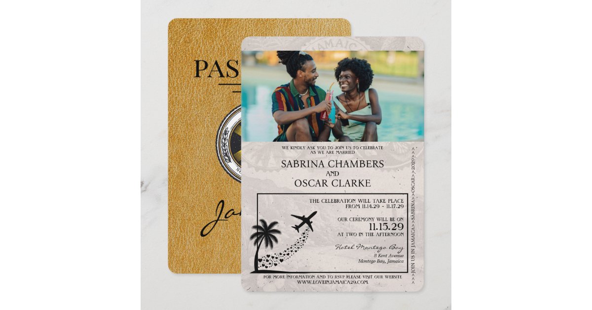 Gold Jamaica Passport Wedding Invitation | Zazzle