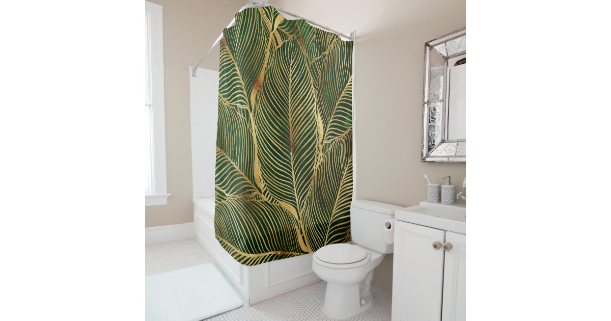 Gold Leaves Forest Green Elegant Pattern Shower Curtain | Zazzle
