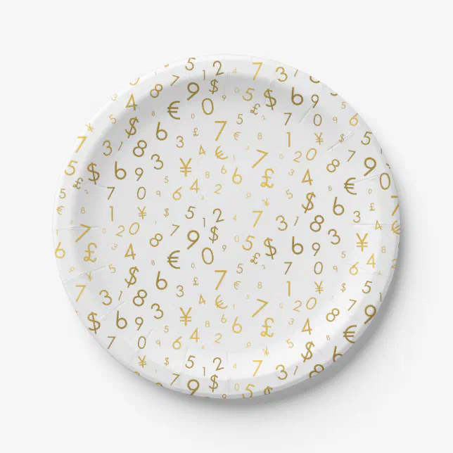 Gold Luxury Numbers & Currency Symbols Pattern Paper Plate | Zazzle