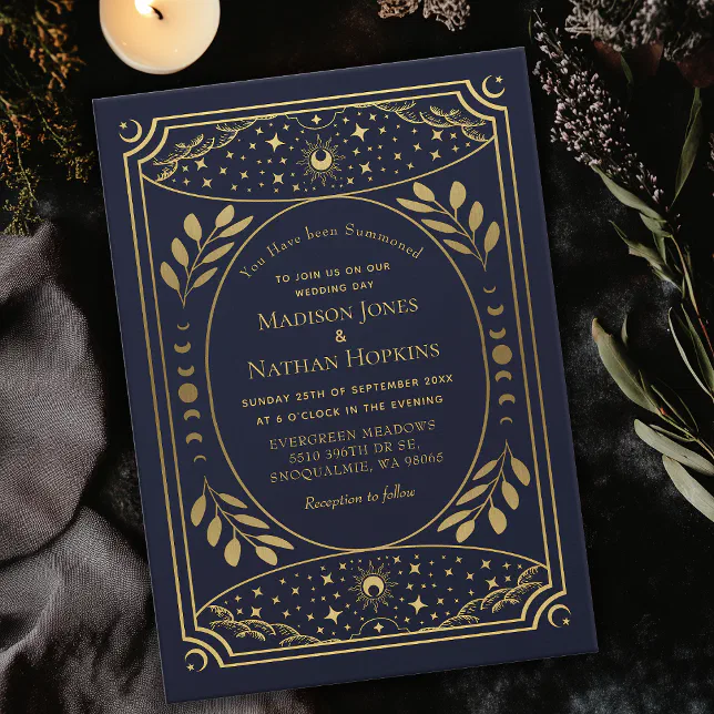 Gold Navy Elegant Tarot Card Wedding Invitation | Zazzle