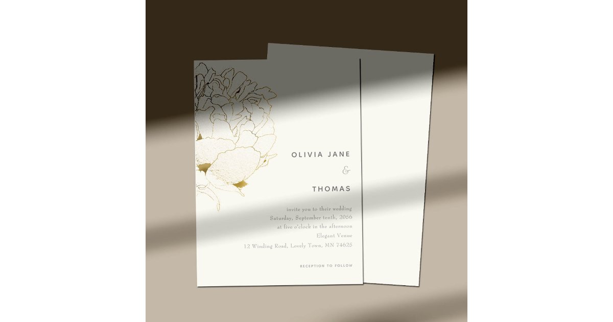 Gold Peony Elegant Floral Sketch BW Wedding Invitation | Zazzle